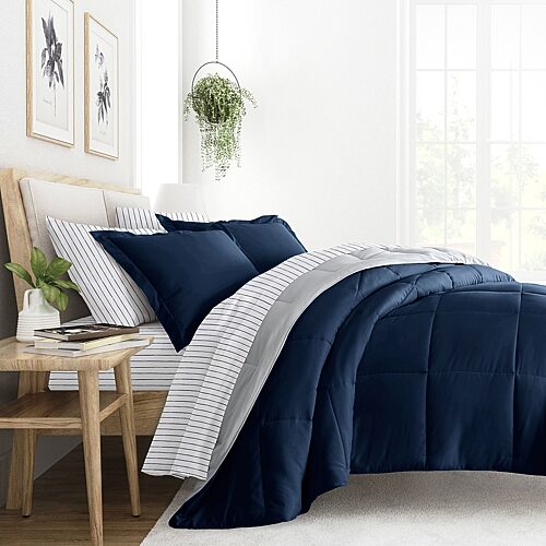 ienjoy Home Bedding Bundle Reversible Pattern 7-Piece Comforter Set  Full - Distressed Field Stripe Navy  Light Gray