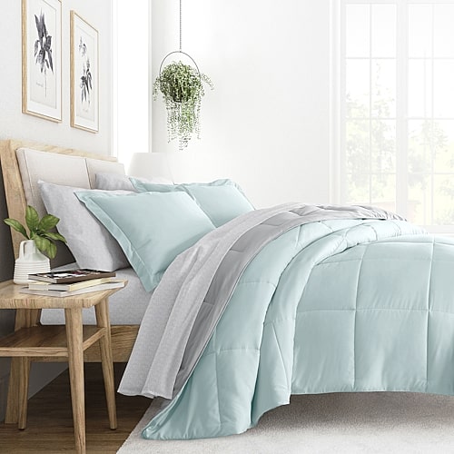 ienjoy Home Bedding Bundle Reversible Pattern 7-Piece Comforter Set  Queen - Chambray Aqua  Light Gray
