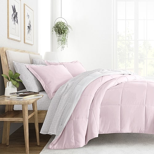 ienjoy Home Bedding Bundle Reversible Pattern 7-Piece Comforter Set  California King - Ditsy Floral Blush  White