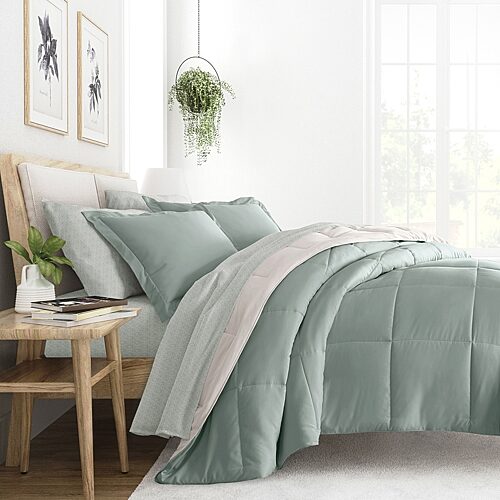 ienjoy Home Bedding Bundle Reversible Pattern 7-Piece Comforter Set  Queen - Modern Circles Eucalyptus  Natural