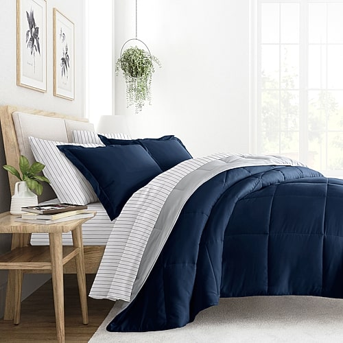 ienjoy Home Bedding Bundle Reversible Pattern 5-Piece Comforter Set  Twin - Distressed Field Stripe Navy  Light Gray