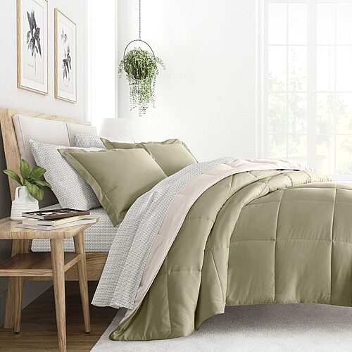 ienjoy Home Bedding Bundle Reversible Pattern 7-Piece Comforter Set  California King - Beaded Arrows Sage  Ivory