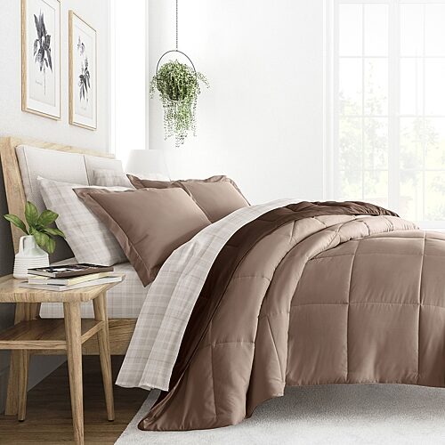 ienjoy Home Bedding Bundle Reversible Pattern 5-Piece Comforter Set  Twin - Thatch Taupe  Chocolate