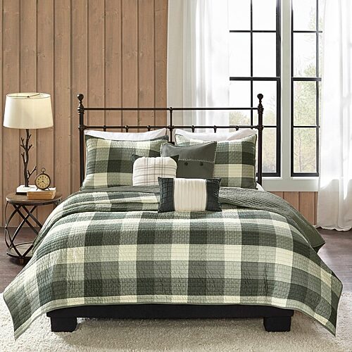 Madison Park Pioneer 6-Pc Printed Herringbone Quilt Set With Throw Pillows  One Size  Gray