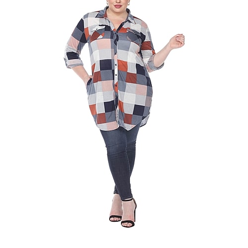 White Mark Plus Size Plaid Tunic Shirt - Blue and Brown