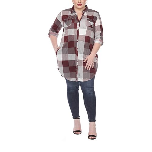 White Mark Plus Size Plaid Tunic Shirt - Burgundy and White