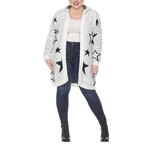 White Mark Plus Size Hooded Open Front Sherpa Sweater - White  Black Stars