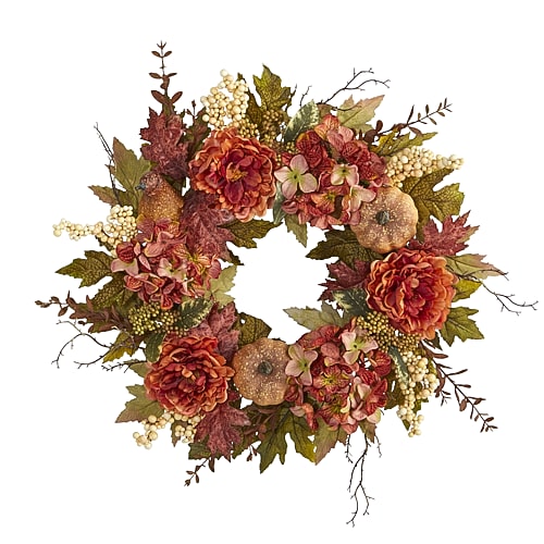 Nearly Natural Peony Hydrangea Pumpkin Wreath  One Size  Orange