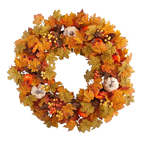 30 Autumn Pumpkin and Maple Leaf Artificial Fall Wreath - Orange