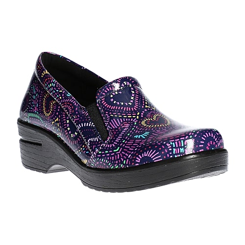 Easy Works by Easy Street Womens Leeza Clogs - Purple Multi Hearts Patent