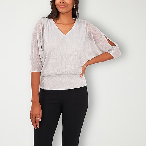 Click here for MSK Glitter Womens V Neck 3/4 Split-Sleeve Blouse... prices