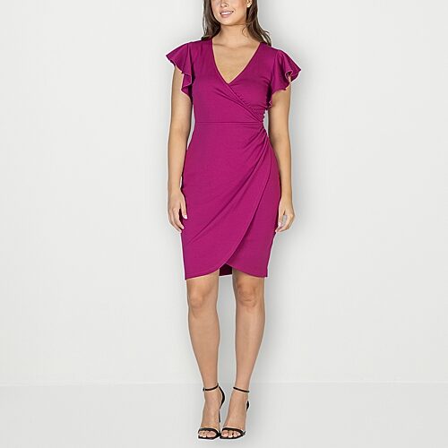 24seven Comfort Apparel Womens V-Neck Ruffle Sleeve Knee Length Dress - Magenta