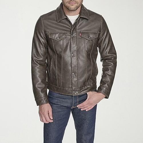 Levis Mens Midweight Faux Leather Trucker Jacket  Large  Brown