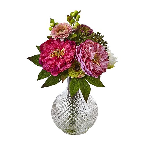 Click here for Nearly Natural Peony And Mum In Glass Vase Artific... prices