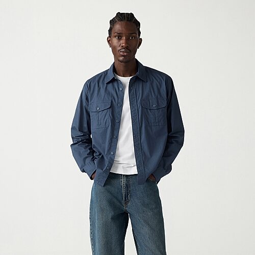 Levis Mens Long Sleeve Relaxed Fit Button-Down Crop Shirt  X-large  Blue