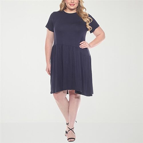 White Mark Plus Size Asymmetrical Waist and Short Sleeve Swing Dress - Navy