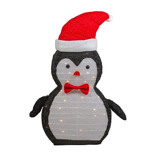 Northlight 28in Led Lighted Tinsel Penguin In Santa Hat Christmas Yard Art  One Size  Black