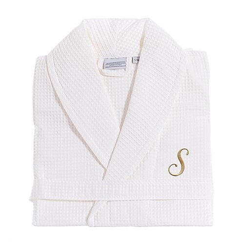 Linum Home Personalized Unisex Embroidered Turkish Cotton Waffle Weave Bathrobe - Gold S