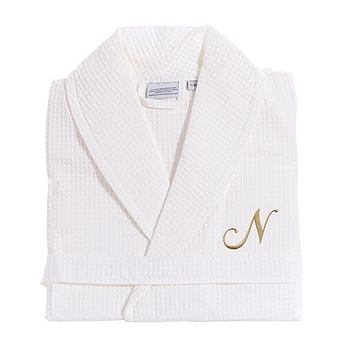 Linum Home Personalized Unisex Embroidered Turkish Cotton Waffle Weave Bathrobe - Gold N