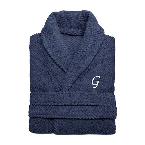 Linum Home 100 Turkish Cotton Personalized Unisex Herringbone Bath Robe - Navy/White G