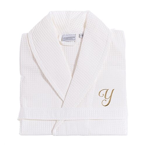 Linum Home Personalized Unisex Embroidered Turkish Cotton Waffle Weave Bathrobe - Gold Y