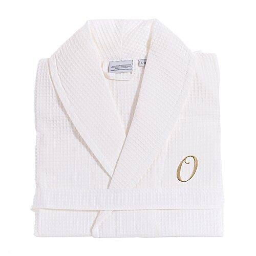 Linum Home Personalized Unisex Embroidered Turkish Cotton Waffle Weave Bathrobe - Gold O