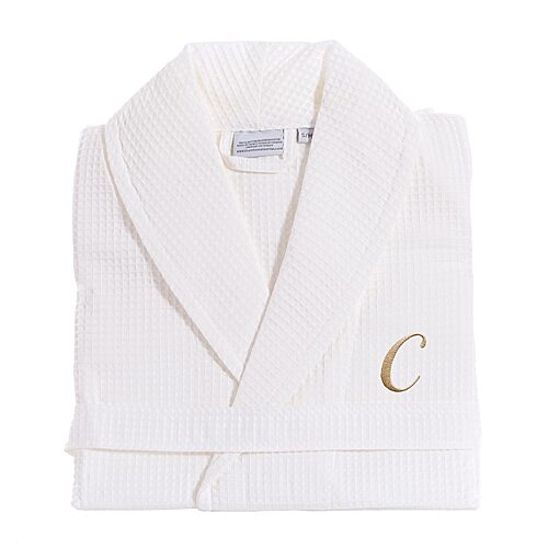 Linum Home Personalized Unisex Embroidered Turkish Cotton Waffle Weave Bathrobe - Gold C