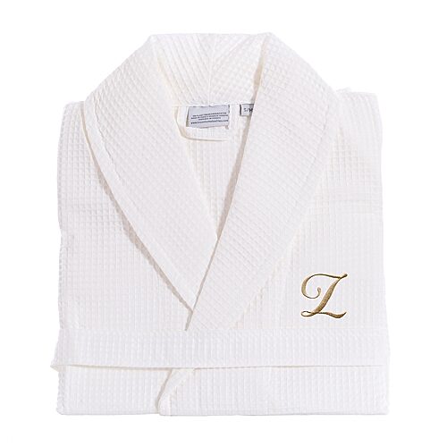 Linum Home Personalized Unisex Embroidered Turkish Cotton Waffle Weave Bathrobe - Gold Z
