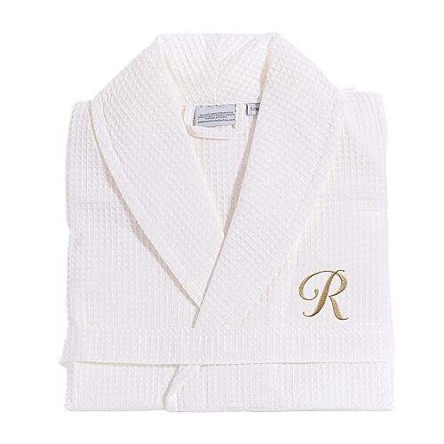 Linum Home Personalized Unisex Embroidered Turkish Cotton Waffle Weave Bathrobe - Gold R