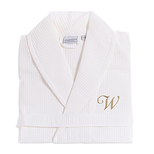 Linum Home Personalized Unisex Embroidered Turkish Cotton Waffle Weave Bathrobe - Gold W