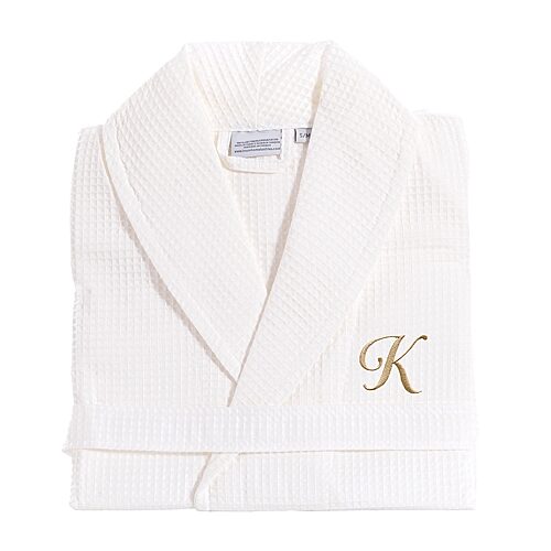 Linum Home Personalized Unisex Embroidered Turkish Cotton Waffle Weave Bathrobe - Gold K