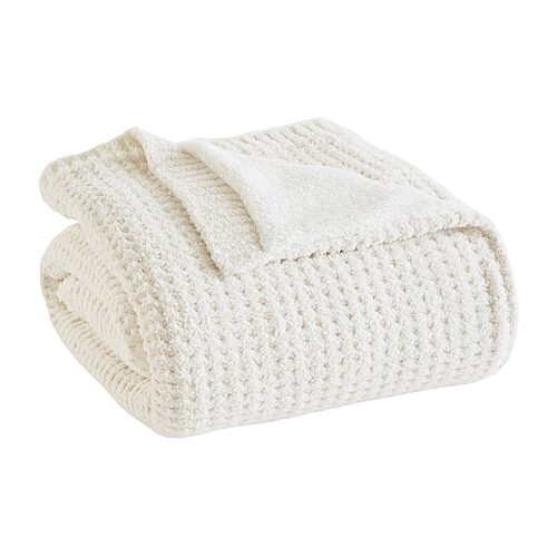 Madison Park Rowan Waffle Knit Chenille Throw  50 x 60 - Ivory