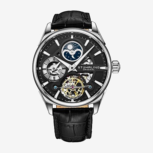 Click here for Stuhrling Mens Automatic Black Leather Strap Watch... prices