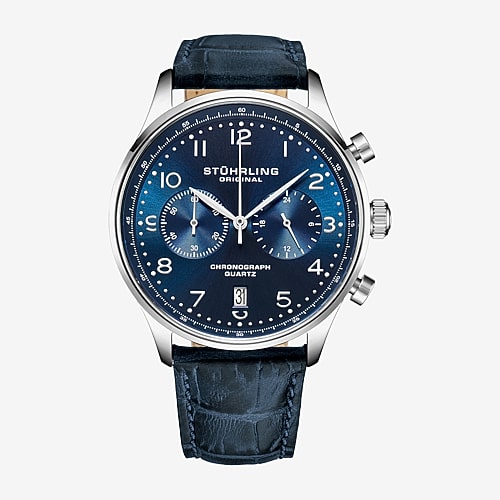 Click here for Stuhrling Mens Chronograph Blue Leather Strap Watc... prices