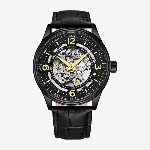 Click here for Stuhrling Mens Automatic Black Leather Strap Watch... prices