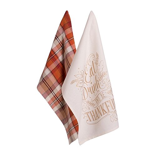 Design Imports Assorted Check Fall Be Thankful Printed Dishtowel Set - Orange