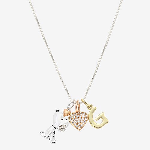 Disney Peanuts Cubic Zirconia Snoopy Heart Initial Cluster Charm Necklace - Peanut G