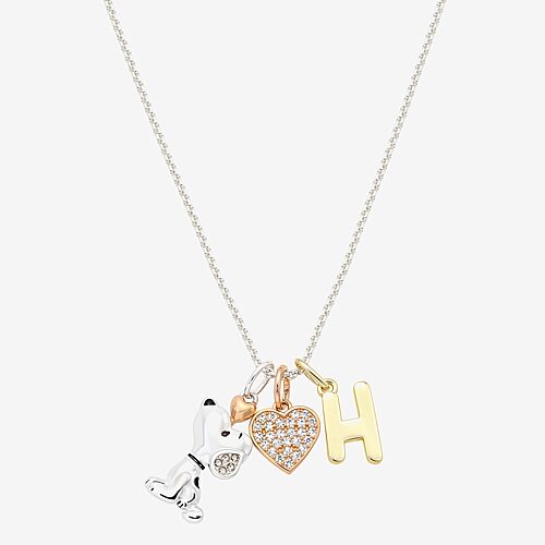 Disney Peanuts Cubic Zirconia Snoopy Heart Initial Cluster Charm Necklace - Peanut H