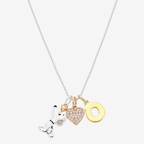 Disney Peanuts Cubic Zirconia Snoopy Heart Initial Cluster Charm Necklace - Peanut O