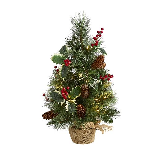 Mixed Pine Artificial Christmas Tree with Holly Berries  Pinecones Lights and Burlap Base  18 - Green