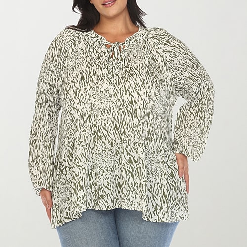 Click here for Plus Size White Mark Long Sleeve Tie Neckline Anim... prices