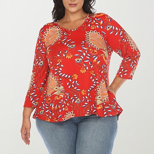 Click here for White Mark Plus Size Vibrant Boho Swing Top - Red prices