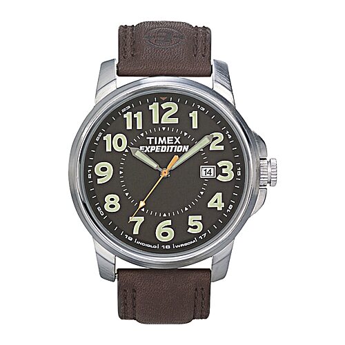 Timex Mens Expedition Brown Leather Strap Silver-Tone Case Indiglo T44921