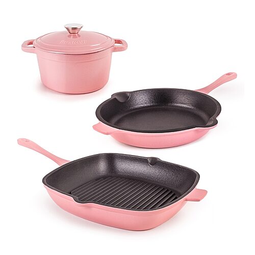 BergHOFF Neo 4pc Cast Iron Cookware Set  Fry Pan  Grill Pan & Round Dutch Oven - Pink