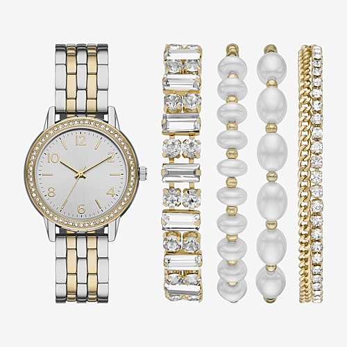 Click here for Womens Crystal Accent Two Tone 5-pc. Watch Boxed S... prices