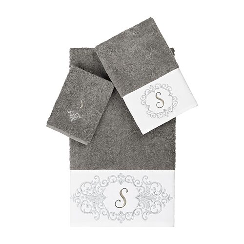Linum Home Turkish Cotton Monica Embellished Towel 3 Piece Set - Dark Gray - Dark Grey - S