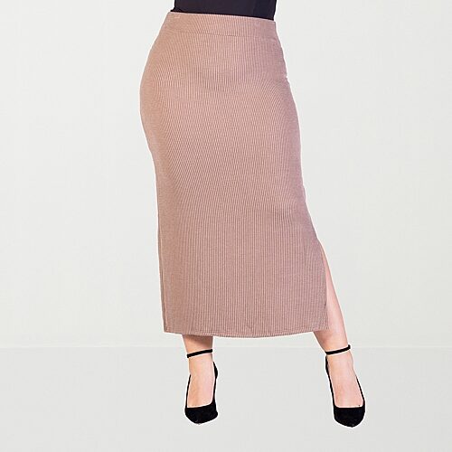 24seven Comfort Apparel Plus Size Ribbed Knit Maxi Skirt - Taupe