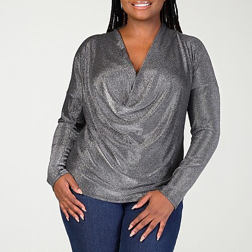 Click here for Plus Size 24/7 Comfort Apparel Cowl Neck Shimmery... prices