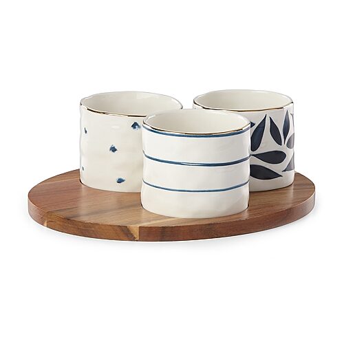 Click here for Lenox Blue Bay Round Snack Bowls with Wood Tray -... prices