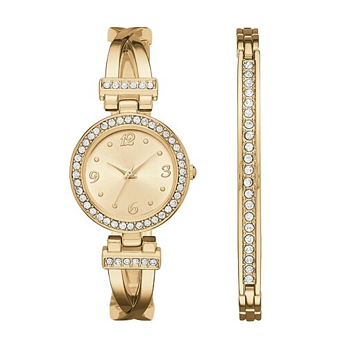 Geneva Womens Gold-Tone T-Bar Bangle Watch Boxed Set  One Size